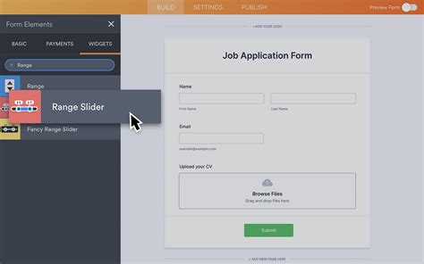 범위 슬라이더 Jform 양식 위젯 Jform