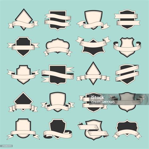 리본 배지 프레임 다른 기하학적 모양 양식화 된 리본 장식 디자인 개인 텍스트를위한 장소 최근 벡터 컬렉션 리본 및 배지 라벨 모양 기하학적 세트 광고에 대한 스톡 벡터