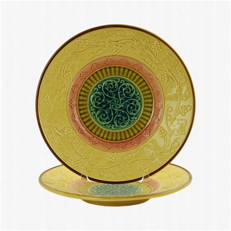 Antique Zell Baden Majolica Georg Schmider Hand Painted Dinner Cabinet Plates Scroll And