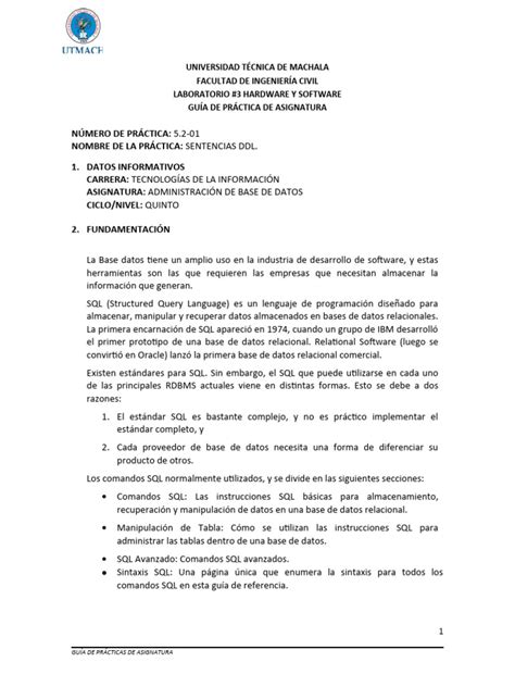 Guía Practica01 Ddl Pdf Sql Base De Datos Relacional