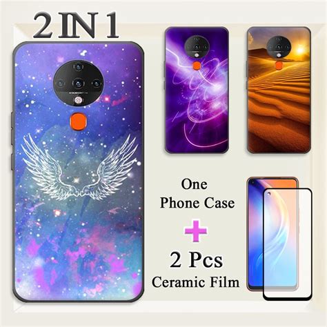 2 IN 1 Tecno Spark 6 Silicone Phone Case With Tempered Glass Curved Ceramic Screen Protector