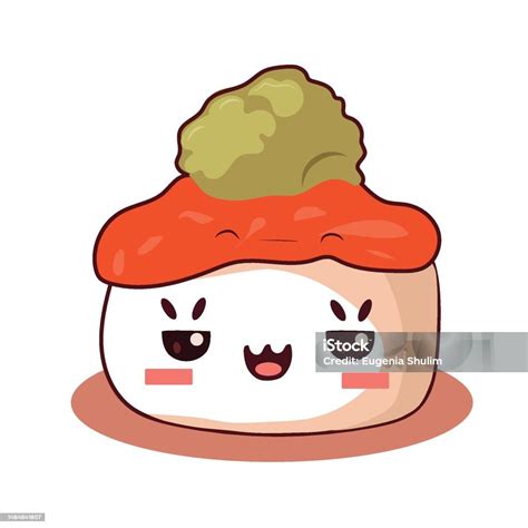 웃는 얼굴과 분홍색 뺨을 가진 귀여운 초밥 아이콘 일본 전통 요리 덴마키 덴푸라 니기리 타마고 우라마키 후토마키 일본에 대한