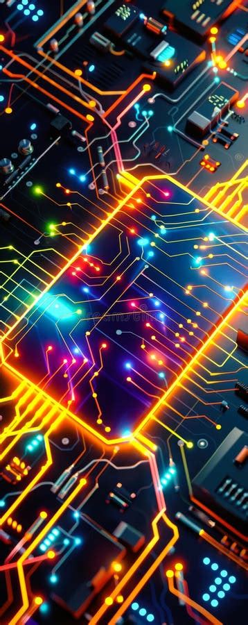 Colorful Glowing Circuitry With Bright Neon Lights On A Microchip Board Representing Modern