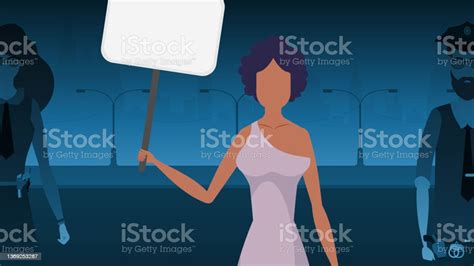 한 여성이 도시를 배경으로 현수막을 들고 시위를 벌이고 있다 생각 불만 항의를 표현하는 개념 벡터 그림입니다 거절에 대한 스톡