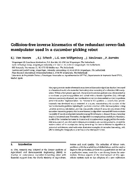 Pdf Collision Free Inverse Kinematics Of The Redundant Seven Link