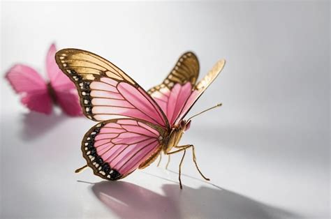 Una mariposa con alas rosas y amarillas está acostada en una mesa