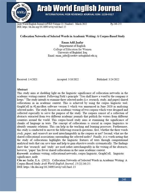Collocation Networks Of Selected Words In Academic Writing A Corpus