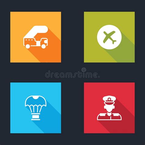 Set Passenger Ladder Plane Box Flying On Parachute And Pilot Icon