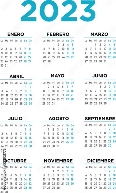 Calendario 2023 Español Semana Comienza El Lunes Stock Vector