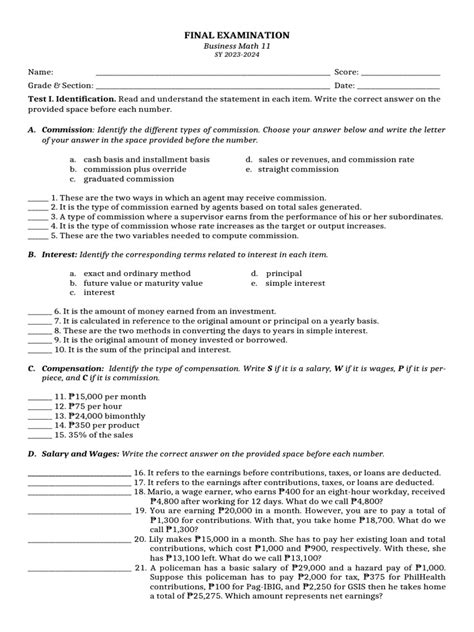 Final Business Math Pdf Salary Employment