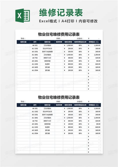 简约物业住宅维修费用记录表模版excel模板下载熊猫办公