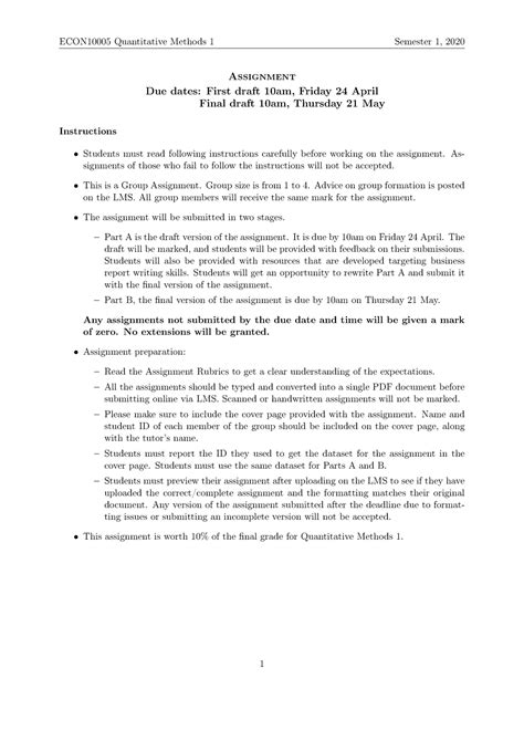 Qm Assignment 1 Econ10005 Quantitative Methods 1 Semester 1 2020
