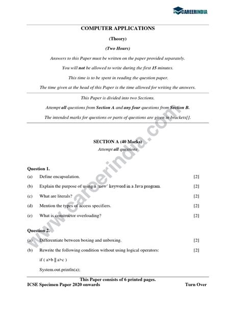 Icse Computer Applications Question Paper 2020 Pdf Parameter Computer Programming