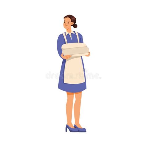 Woman Hotel Maid Standing With Clean Folded Bedsheet Vector