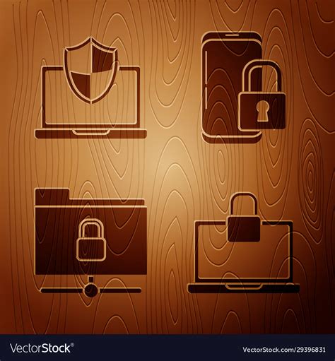 Set Laptop And Lock Laptop Protected With Shield Vector Image