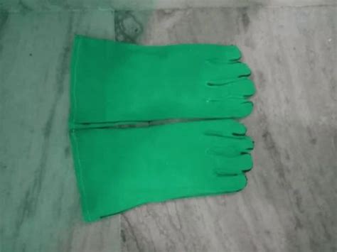 Male Green Split Canadian Leather Welding Gloves 11 Inch Finger Type