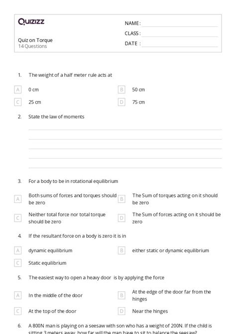 Torque And Equilibrium Worksheets For Th Class On Quizizz Free Printable