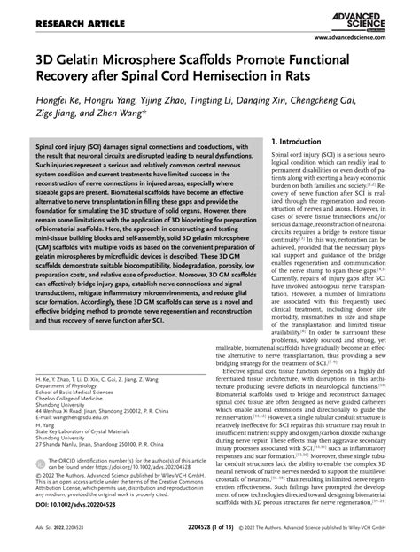 Pdf 3d Gelatin Microsphere Scaffolds Promote Functional Recovery After Spinal Cord Hemisection