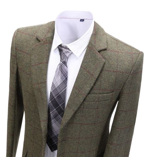 Mens 2 Pieces Formal Green Tweed Plaid Notch Lapel Tuxedos For Wedding