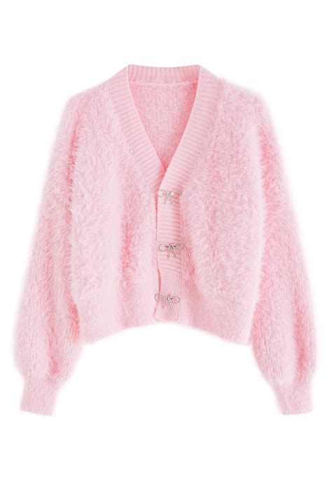 Bowknot Brooch Fuzzy Knit Cardigan In Pink Retro Indie And Unique Fashion
