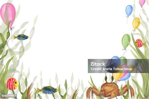 흰색 배경에 격리된 어린이 생일을 위한 해양 스타일의 수채화 카드 인사말 카드 포스터 배경 엽서 초대장에 대 한 손으로 그린 그림 조류에 대한 스톡 벡터 아트 및 기타