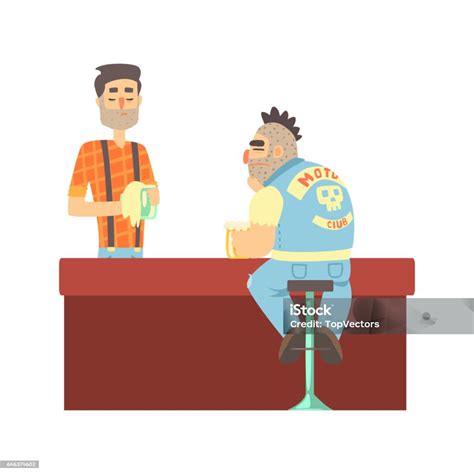 청바지 복장 진정 바텐더 맥주 바 Muscly 남자 데 좋은 시간 일러스트 레이 션을 보고 형사와 카운터에서 보여주는 외로운 바이 커 갱 회원 0명에 대한 스톡 벡터 아트