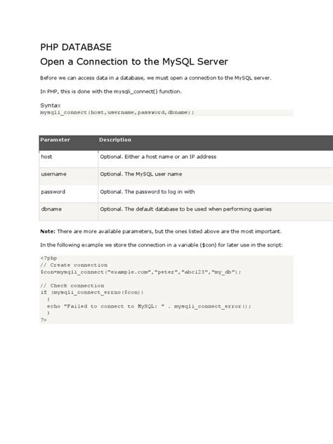Php Database Open A Connection To The Mysql Server Syntax Pdf Sql Php