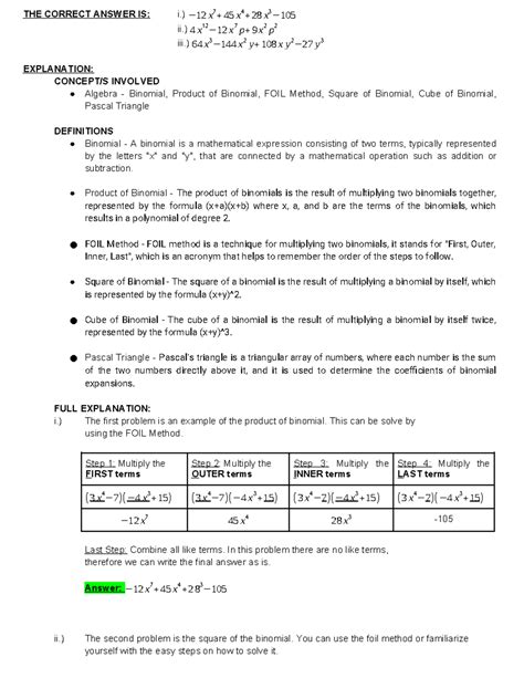 Algebra Binomial Product Of Binomial Foil Method Square Of