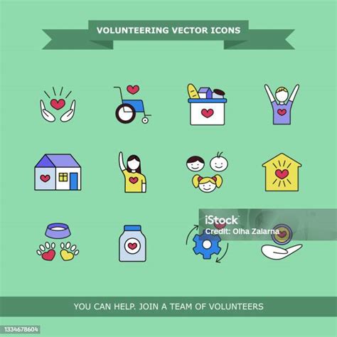 벡터 자원 봉사 아이콘 집합입니다 녹색 배경에 고립 된 컬러 사진 자원봉사자 자선 단체 도움 고아 장애인 동정심 설계를 위한 인도주의적 지원 그림 개념에 대한 스톡 벡터