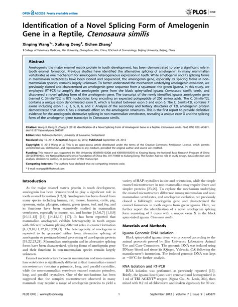 Pdf Identification Of A Novel Splicing Form Of Amelogenin Gene In A Reptile Ctenosaura Similis