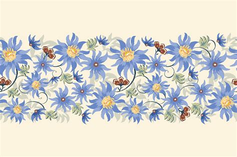 흰색 바탕에 Ikat 꽃 패턴 추상 블루 꽃 자수 꽃을 모티브로 한 이음새가 없는 이캇무늬 디자인 벡터 일러스트 레이 션입니다