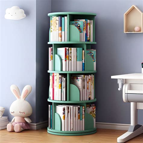 Round Rotatable Bookcase Wooden Open Storage Bookshelf For Home Office