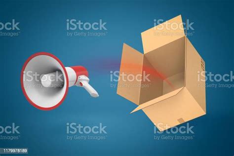 파란색 배경에 골판지 상자에서 비행 빨간색과 흰색 메가 폰의 3d 렌더링 0명에 대한 스톡 사진 및 기타 이미지 0명 3