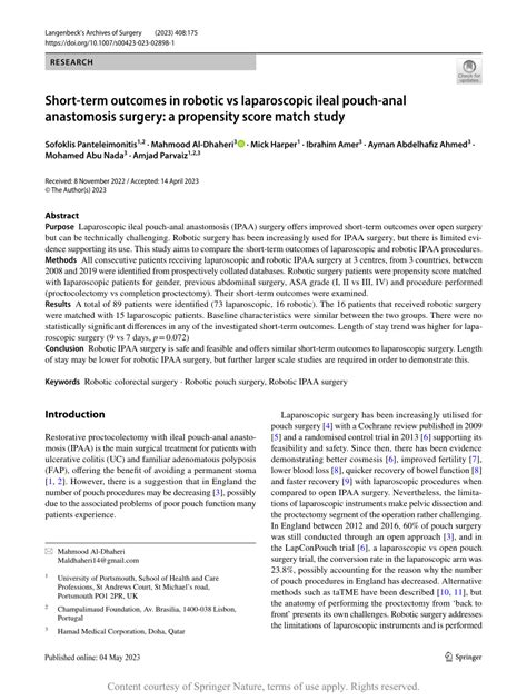 Pdf Short Term Outcomes In Robotic Vs Laparoscopic Ileal Pouch Anal