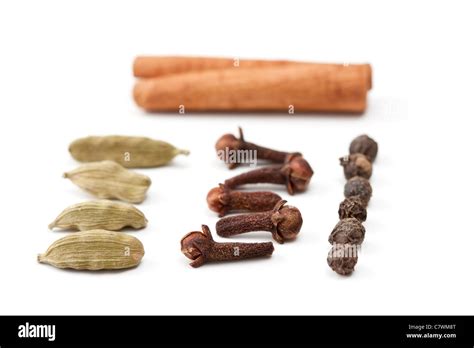 Typical Indian Spices Like Cloves Pepper Cardamom And Cinnamon Stock