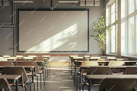 Beige And Gray Classroom Interior With Projection Screen Premium Ai