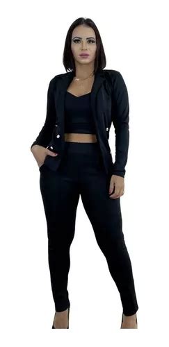 Conjunto Feminino Social Casaco Blazer calça blusa Cropped Escorrega