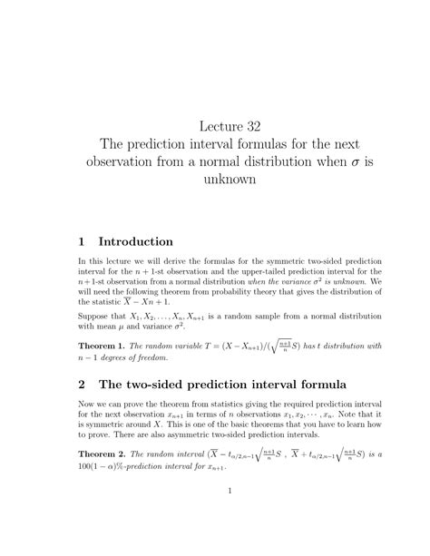 Lecture 32 The Prediction Interval Formulas For The Next Observation