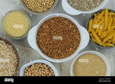 Buckwheat In Bowl Various Vegetarian Organic Products Grocery Top