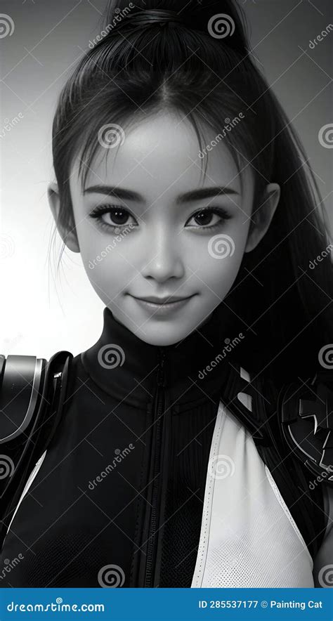 Portrait Of A Beautiful Asian Girl In Black And White Stock