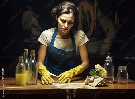 Cleaning Hygiene Close Up Hand Of Maid Waitress Woman Wearing Yellow