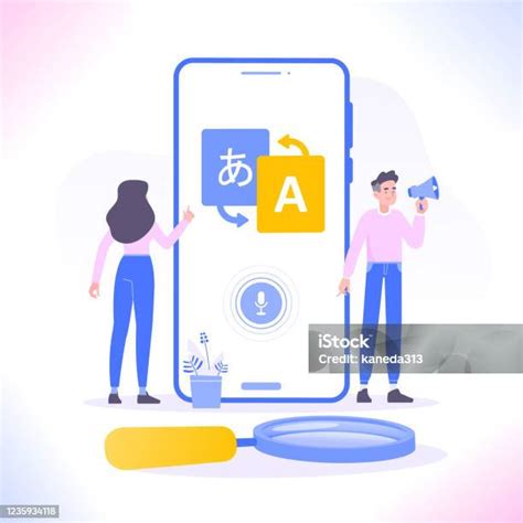 온라인 다국어 번역기 응용 프로그램 개념입니다 사람들 사이의 다국어 의사 소통 언어를 학습하기 위해 스마트 폰에서 번역 응용 프로그램을 사용하여 외국인 간의 대화 벡터