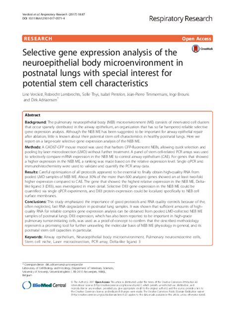Pdf Selective Gene Expression Analysis Of The Neuroepithelial Body Microenvironment In