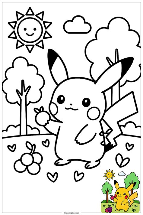 베리와 함께 숲을 탐험하는 피카츄 색칠하기 페이지 무료 Pdfandpng 인쇄 가능