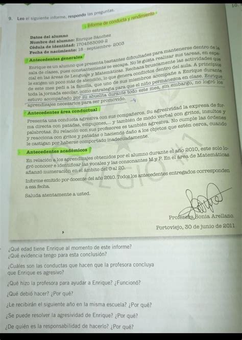 Leo el siguiente informe respondo las preguntas Es de 10mo año de