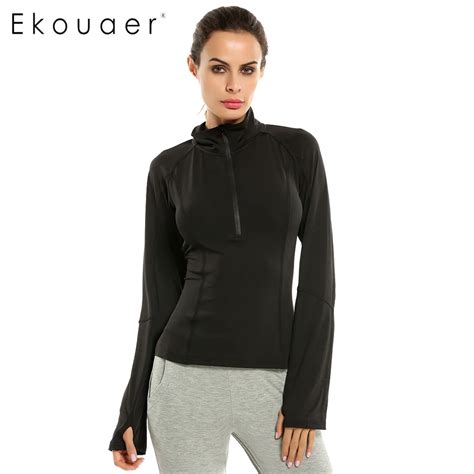 Ekouaer Women Shirt Slim Long Sleeve Fitness Clothing Tops Solid Color