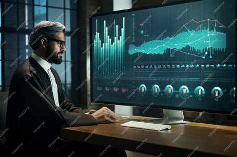Premium Ai Image Muslim Businessman Using Floating Data Visualization