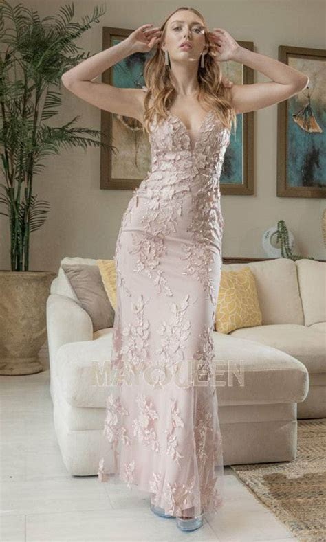 May Queen Rq7977 Lace Appliqued Sheath Prom Gown Couture Candy