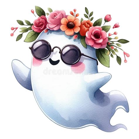 Cute Ghost Wearing A Flower Crown Clipart Watercolor Stock Vector
