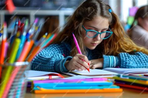 A Young Student Diligently Takes Notes In A Classroom Setting A Student